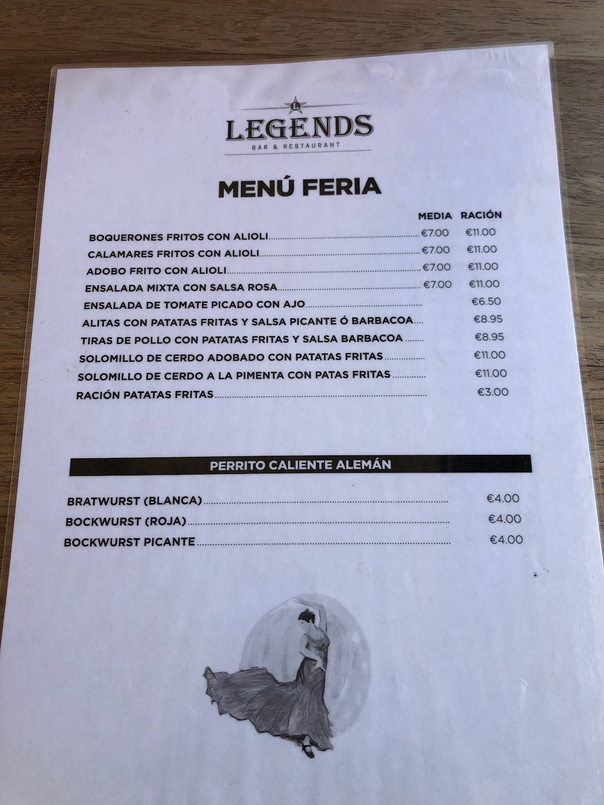 Menu at Legends Bar & Restaurant, Benahavís