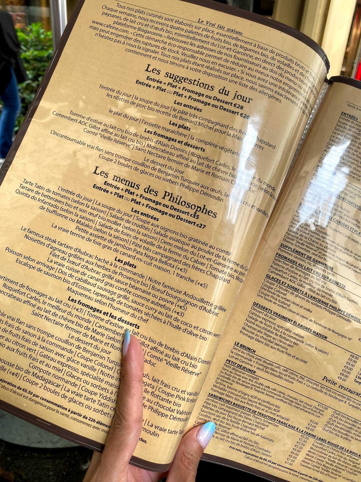 Menu at Les Philosophes restaurant, Paris, 28 Rue Vieille du Temple