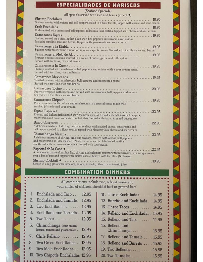 Menu at Los Guerreros Mexican Restaurant, North Bend