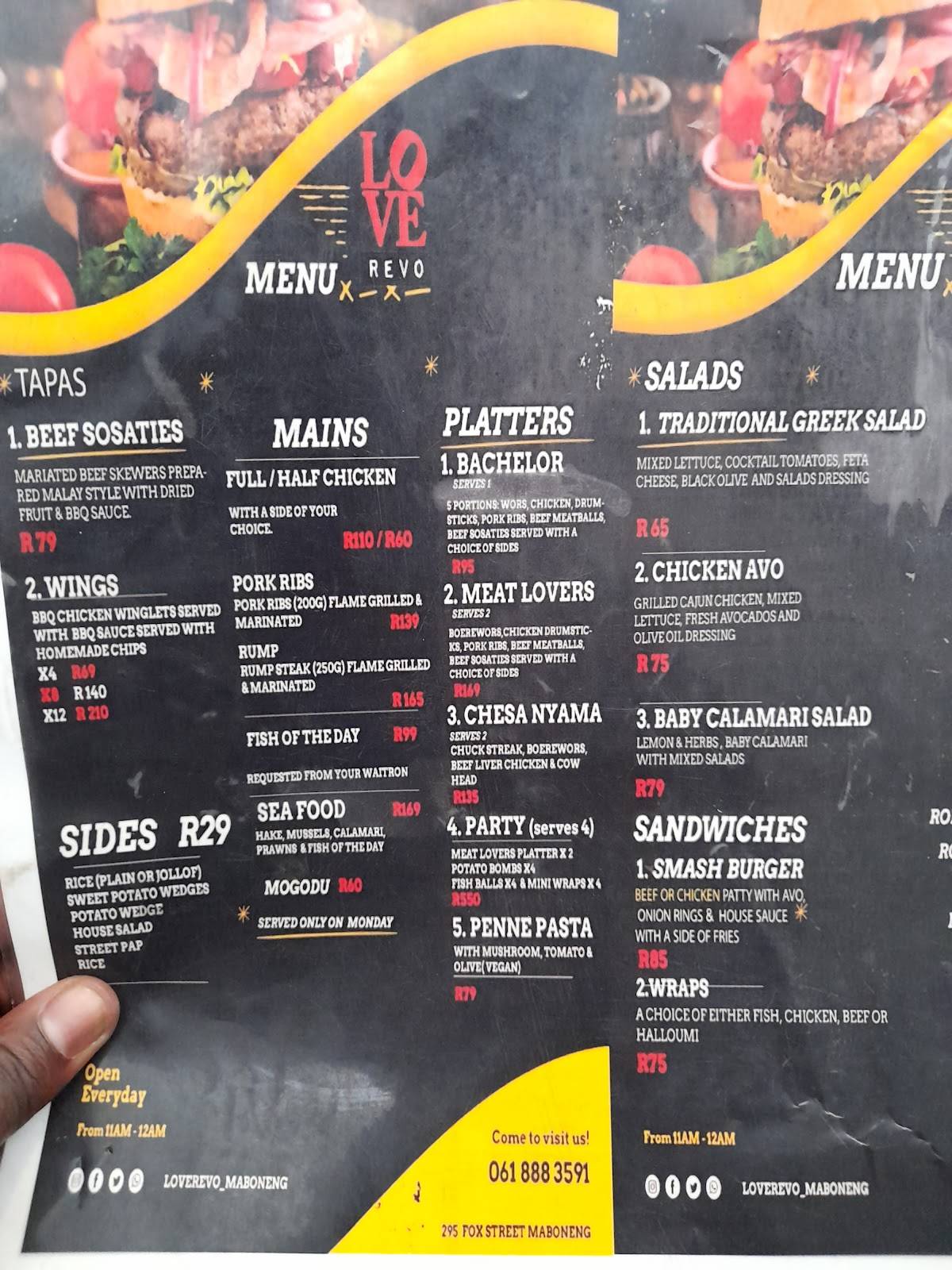 Menu at Love Revo Maboneng restaurant, Johannesburg