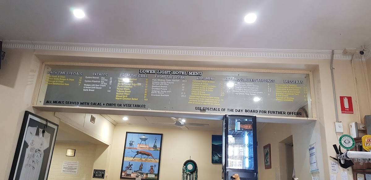 Menu at Lower Light Hotel restaurant, Lower Light, 33 Port Wakefield Rd