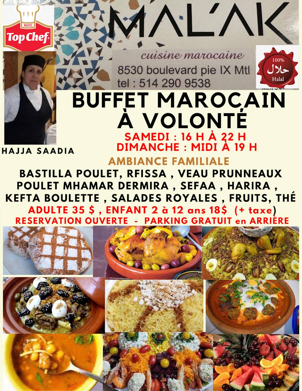 Menu au MALAK Restaurant marocain, Montréal
