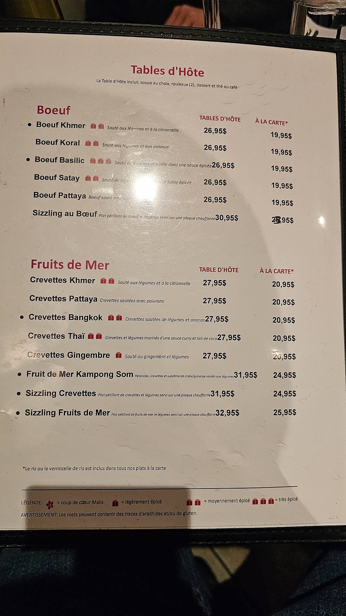 Menu au Malis Restaurant, Québec
