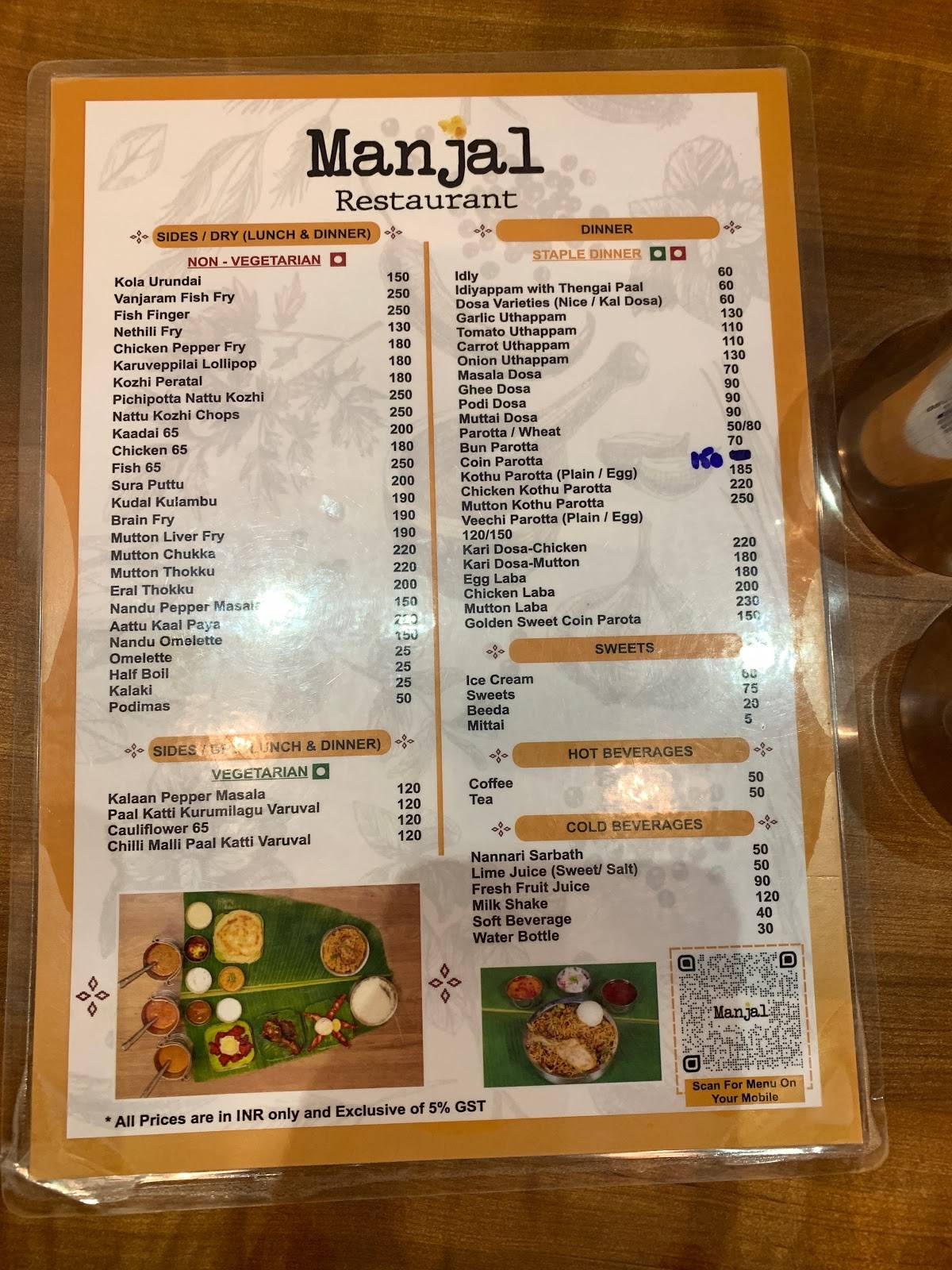 Menu at Manjal, Chennai, 6/9