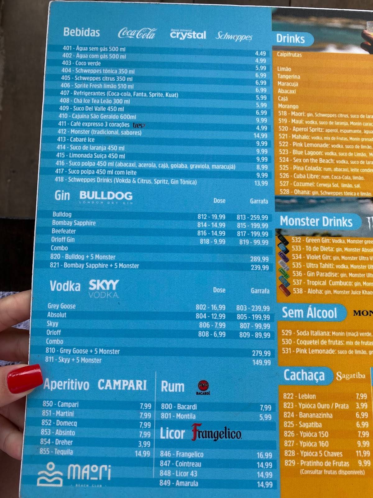 Menu em Maori Beach Club, Caucaia