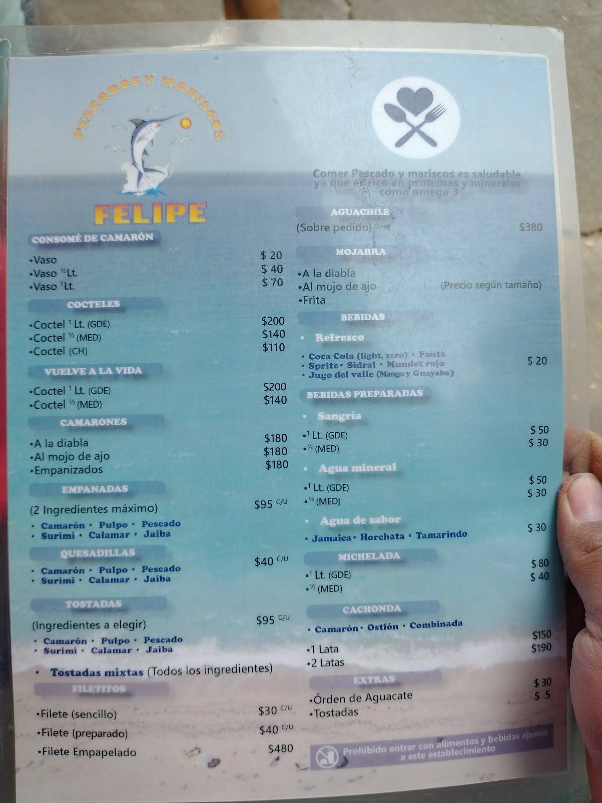 Menu at Mariscos Felipe restaurant, Mexico City, Oriente 174