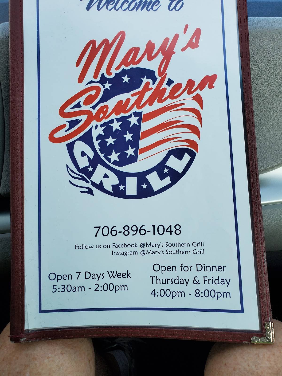 Menu at Mary's Southern Grill restaurant, Young Harris