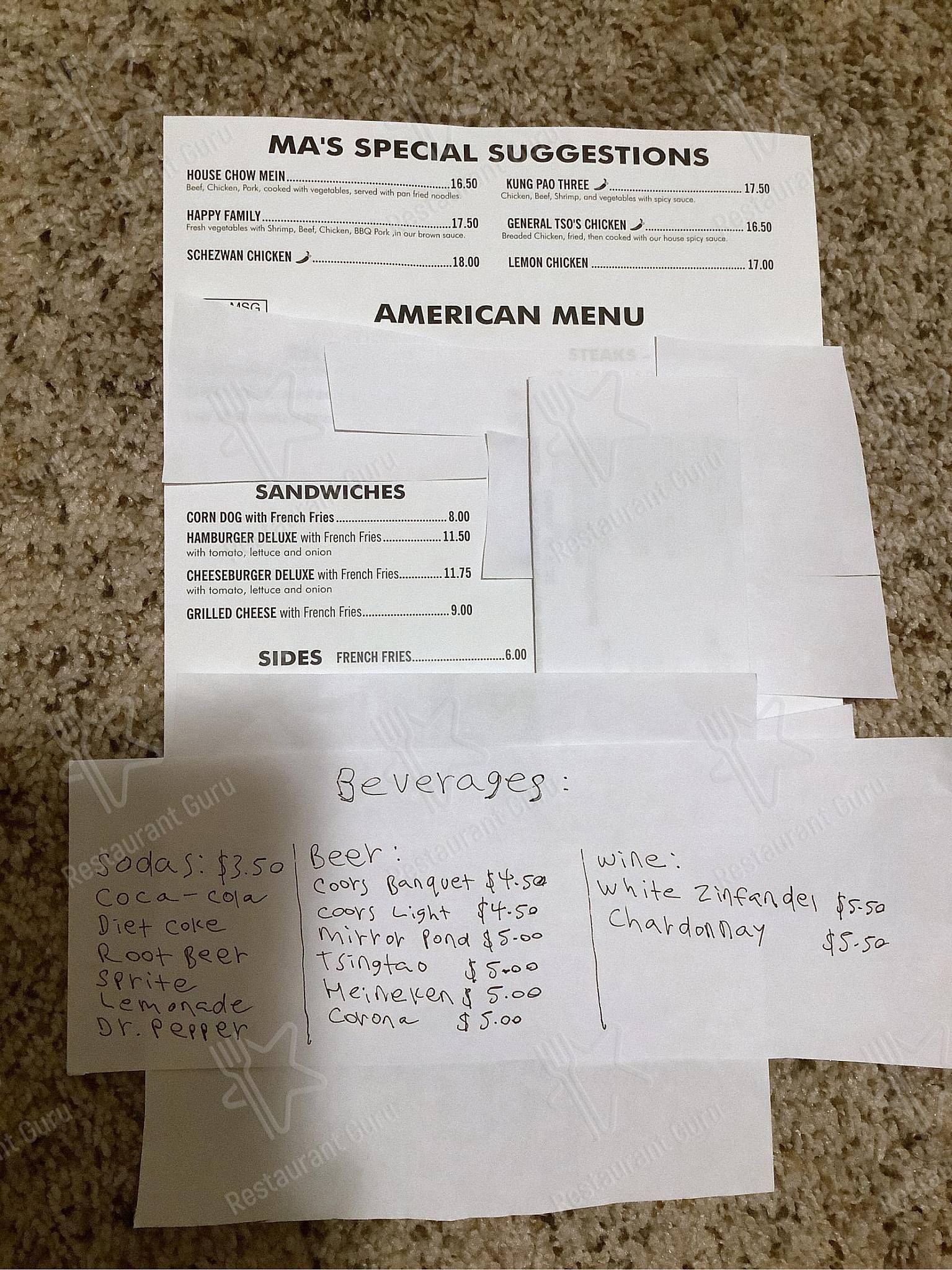 Menu at Ma's Restaurant, Lebanon