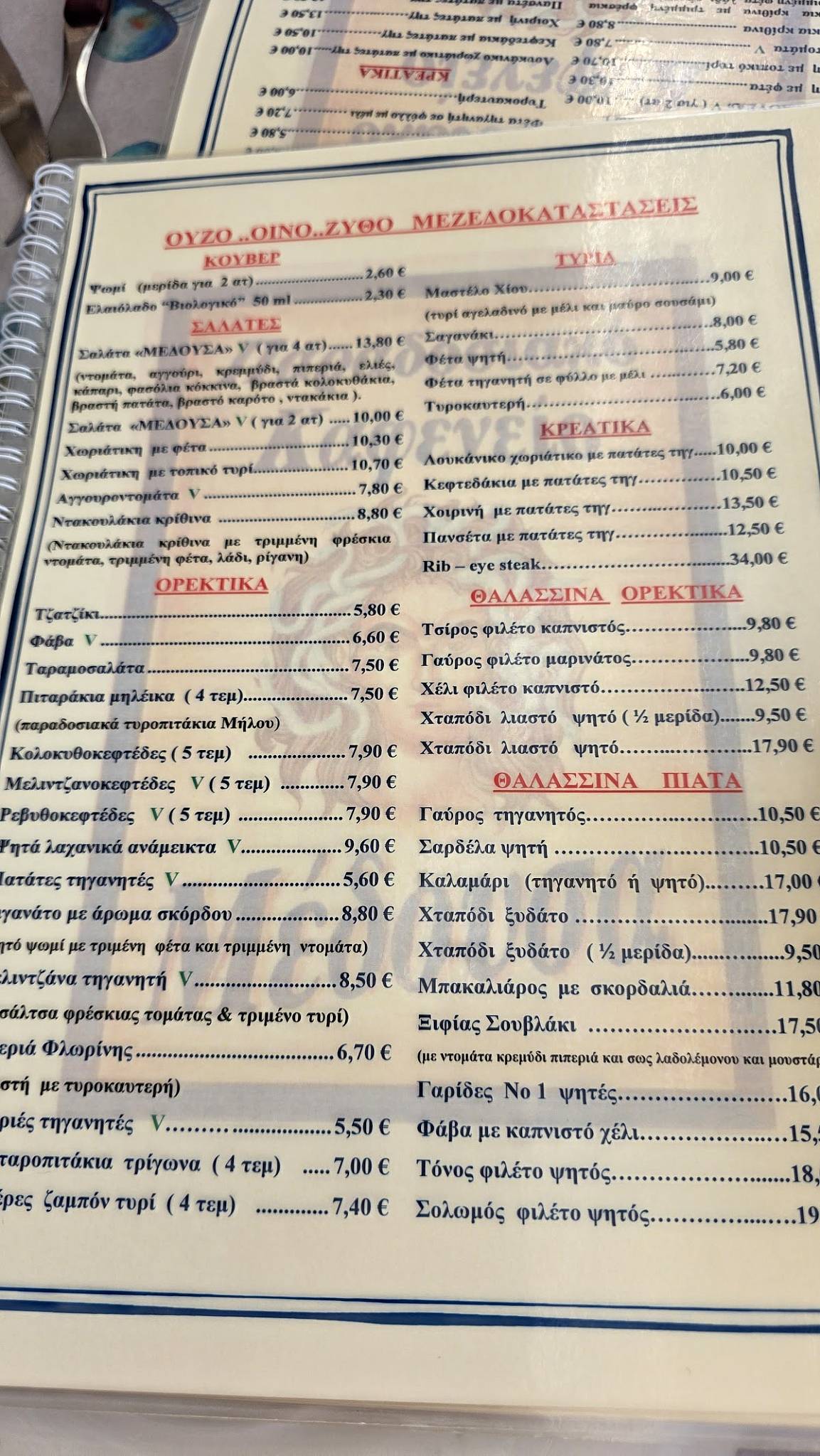 Menu at Medusa, Milos