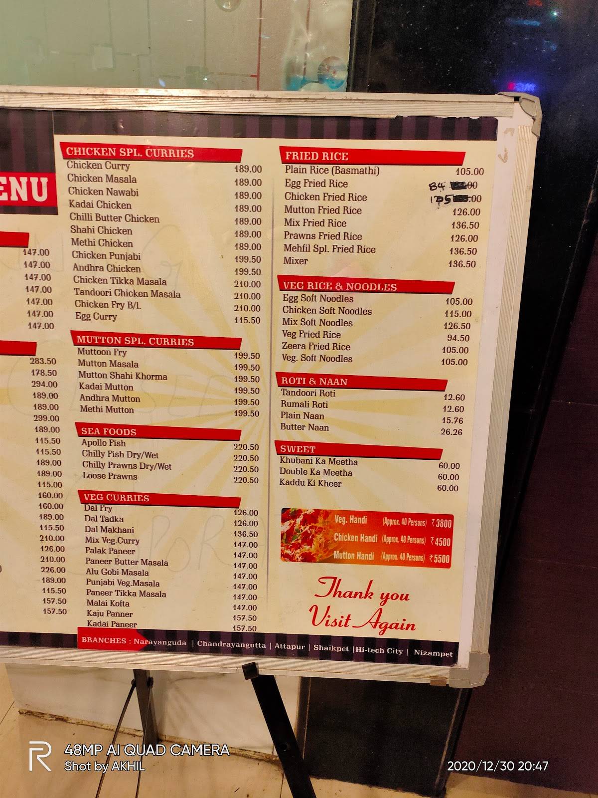 Menu at Mehfil Restaurant, Hyderabad, Nizampet X road