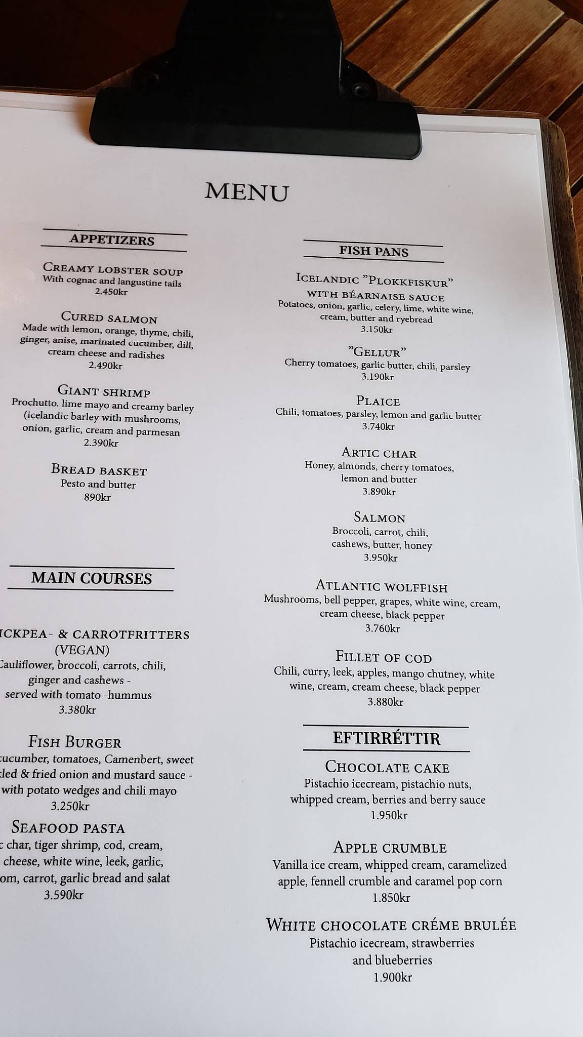 Menu at Messinn restaurant, Reykjavík, Lækjargata 6