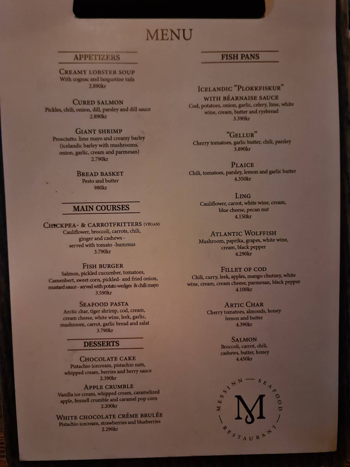 Menu at Messinn restaurant, Reykjavík, Lækjargata 6