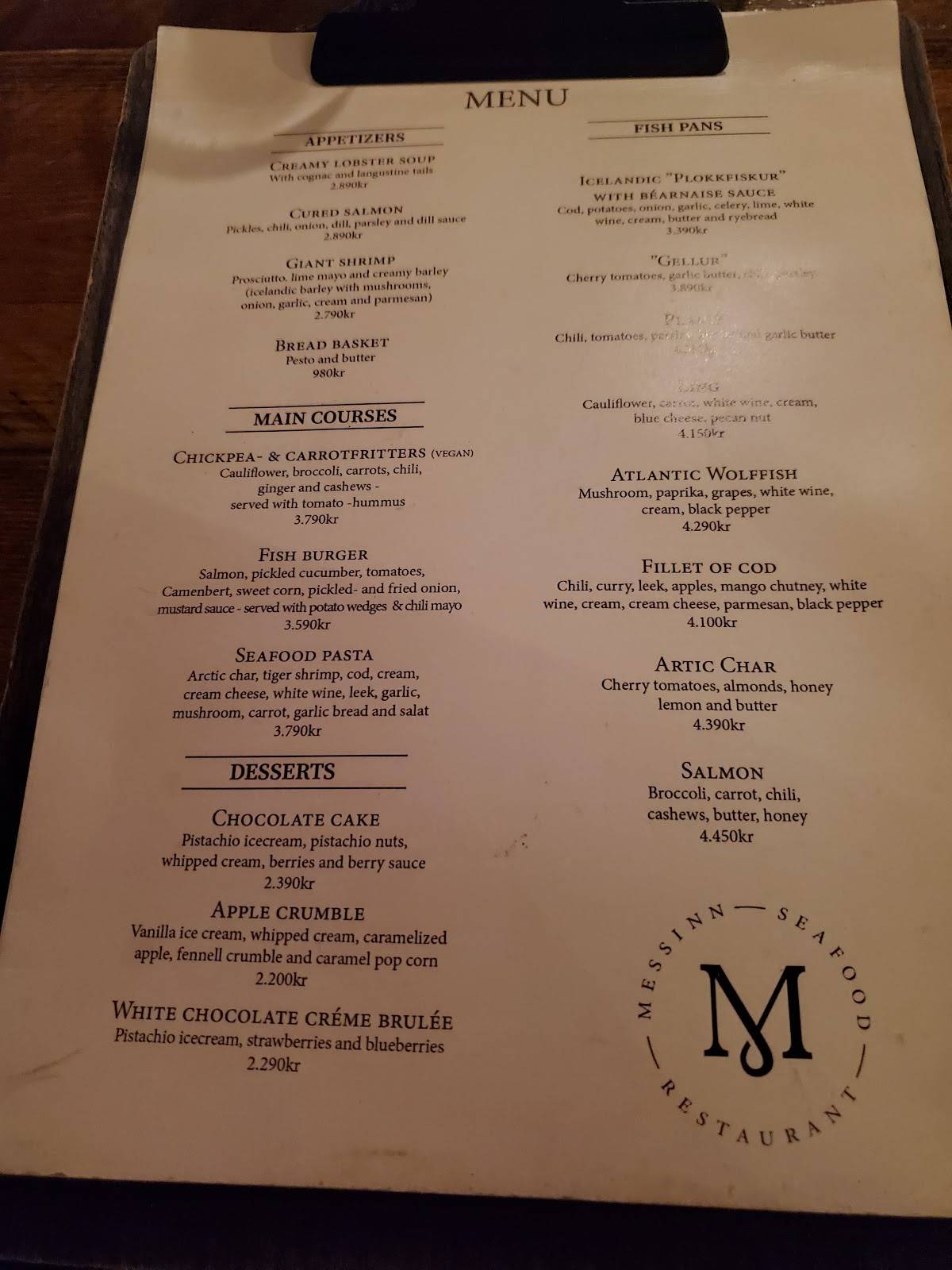 Menu at Messinn restaurant, Reykjavík, Lækjargata 6