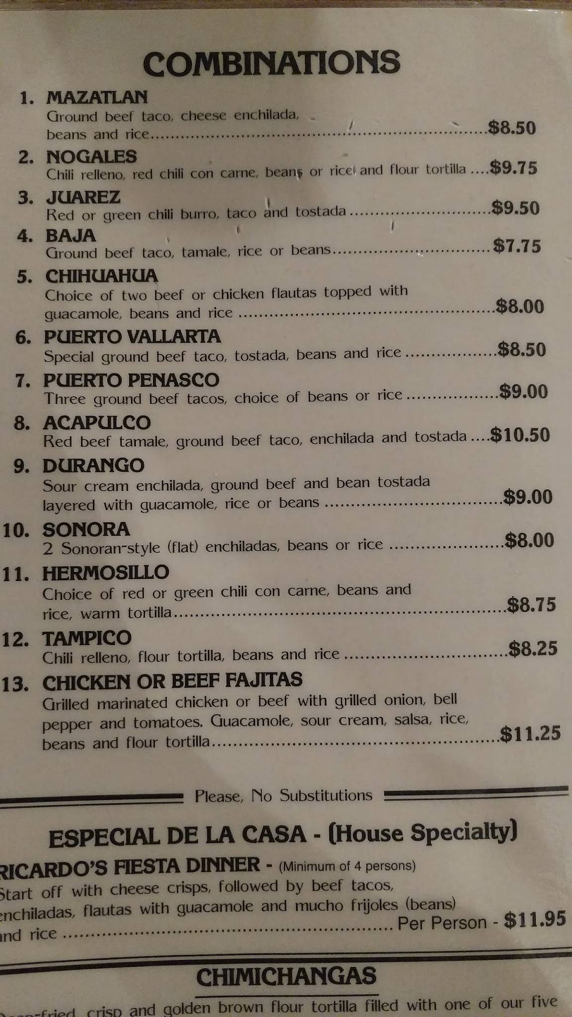 Menu at Mi Amigo Ricardo restaurant, Casa Grande