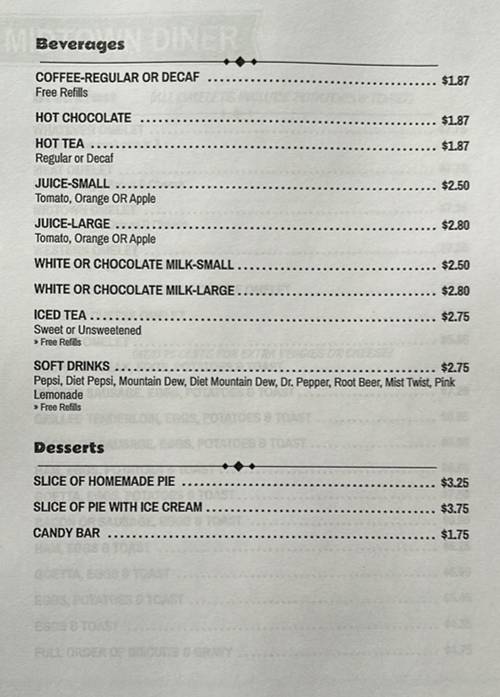 Menu at Midtown Diner restaurant, New Point