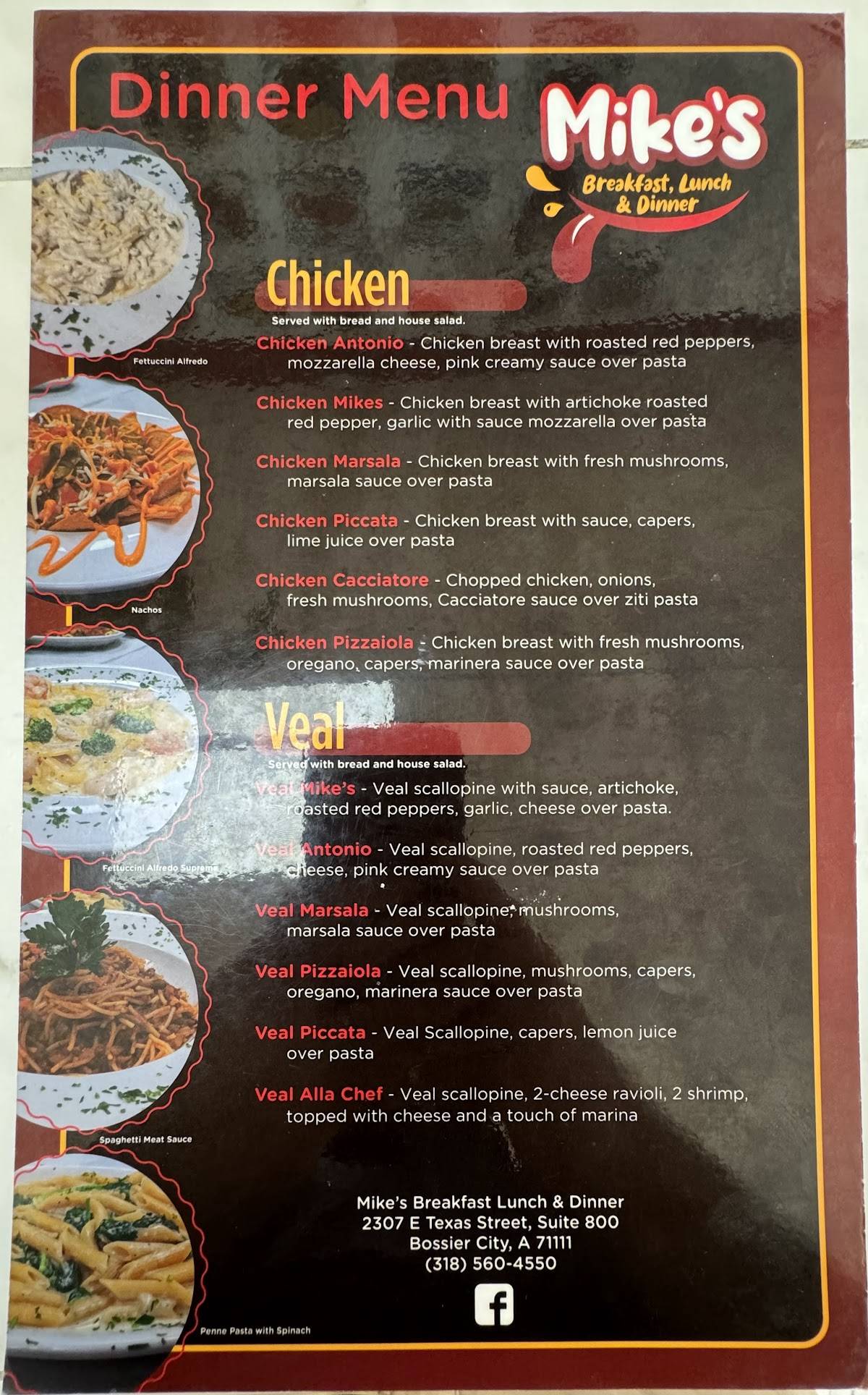 Menu at Mike's Breakfast Lunch & Dinner restaurant, Bossier City