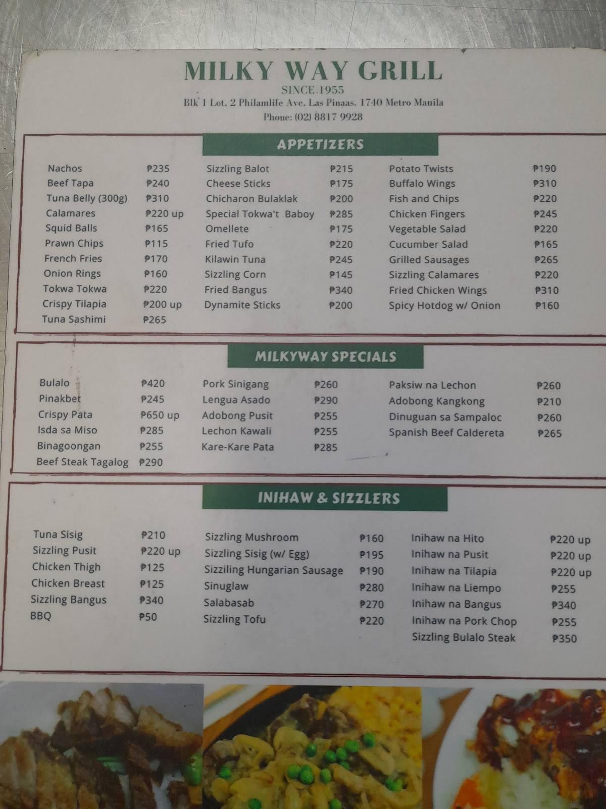 Menu at Milky Way restaurant, Las Pinas, Blk 1 Lot