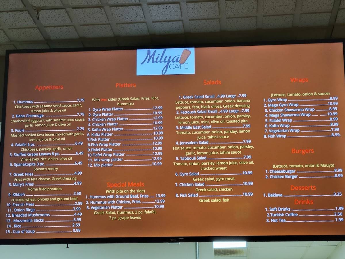 Menu at Milya Cafe, Blue Ash