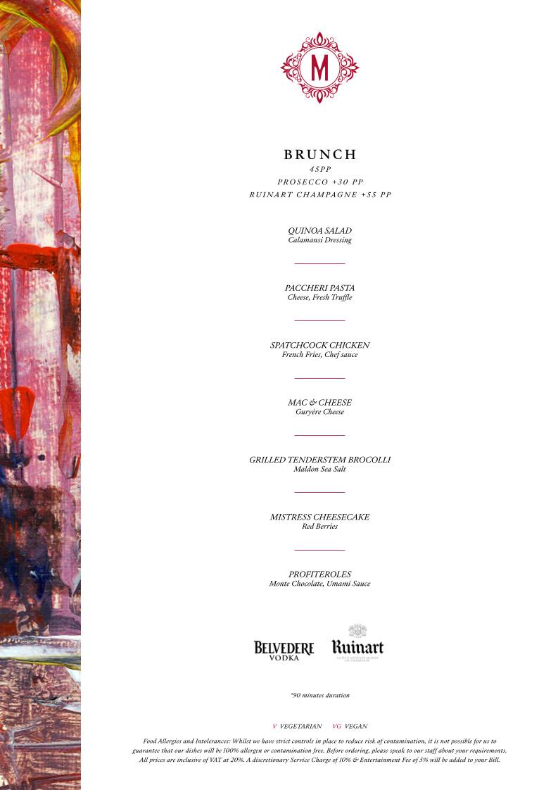 Menu at Mistress of Mayfair restaurant, London