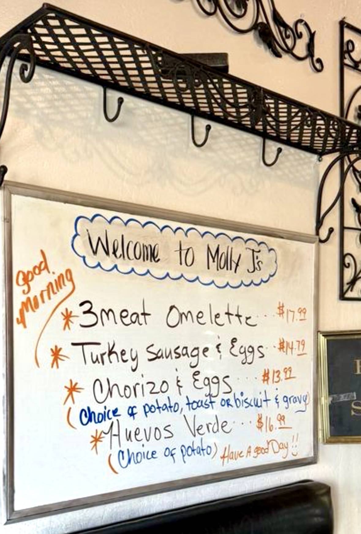 Menu at Molly J's restaurant, Bakersfield