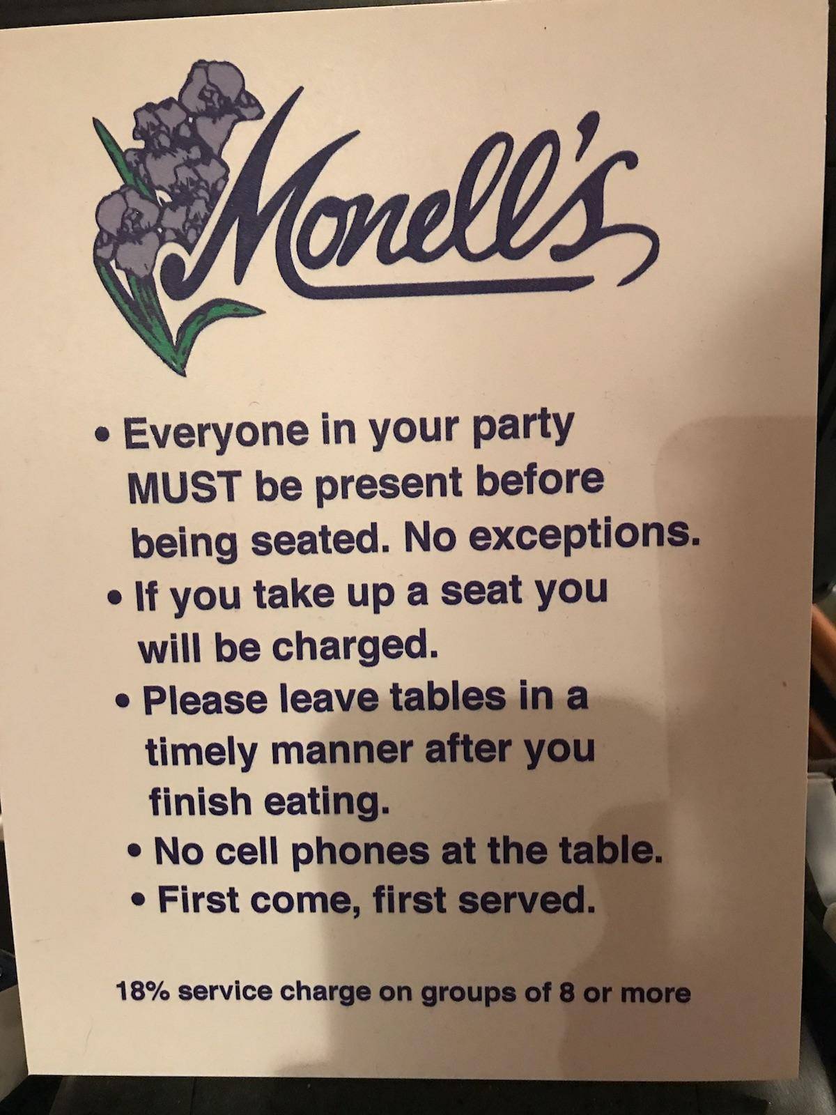 Menu at Monell's restaurant, Nashville, 6th Ave N