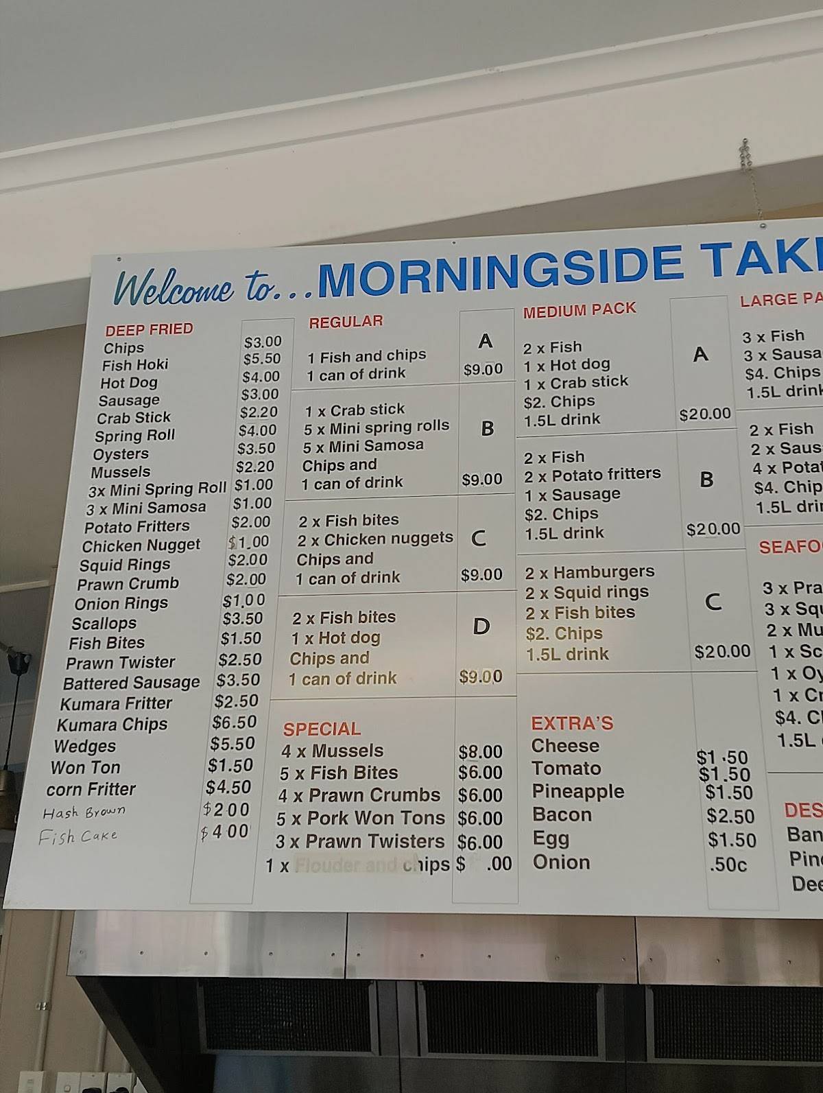 Menu at Morningside Fish&Chips restaurant, Whangarei