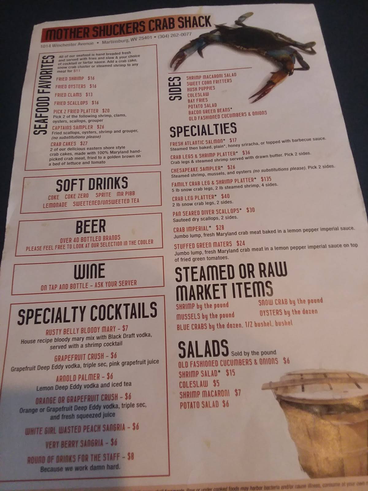 Menu at Mother Shuckers Crab Shack restaurant, Martinsburg