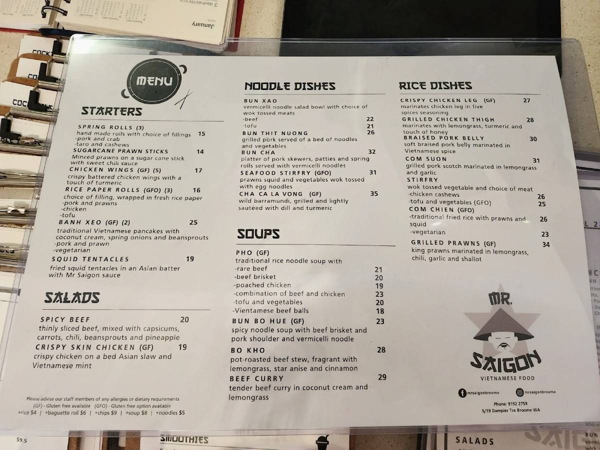 Menu at Mr Saigon restaurant, Broome