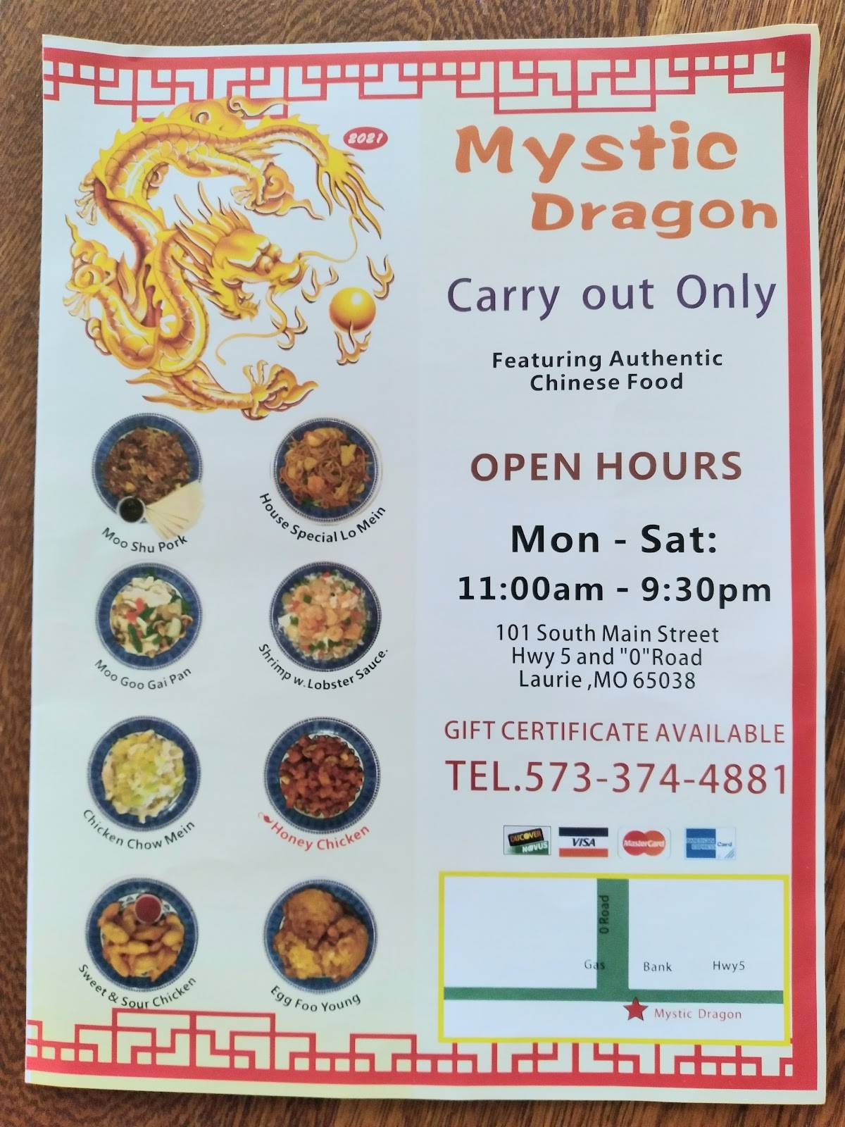 Menu at Mystic Dragon restaurant, Laurie