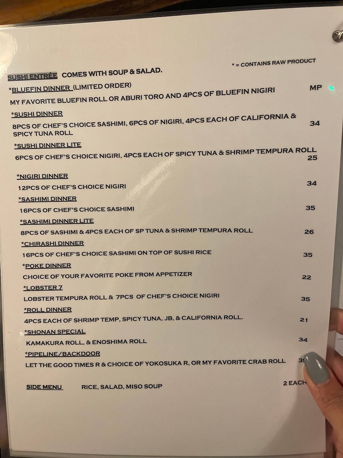Menu at NAOKI JAPANESE CUISINE restaurant, Palm Bay