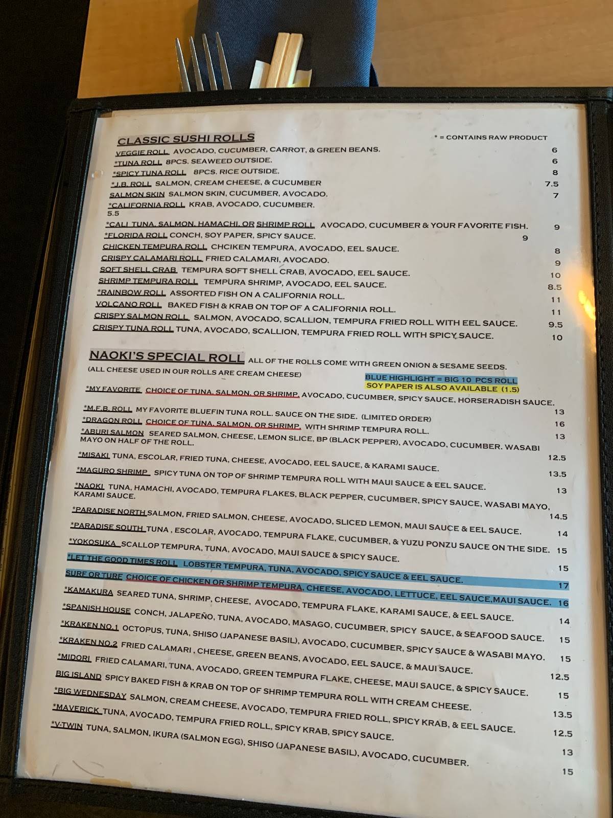 Menu at NAOKI JAPANESE CUISINE restaurant, Palm Bay