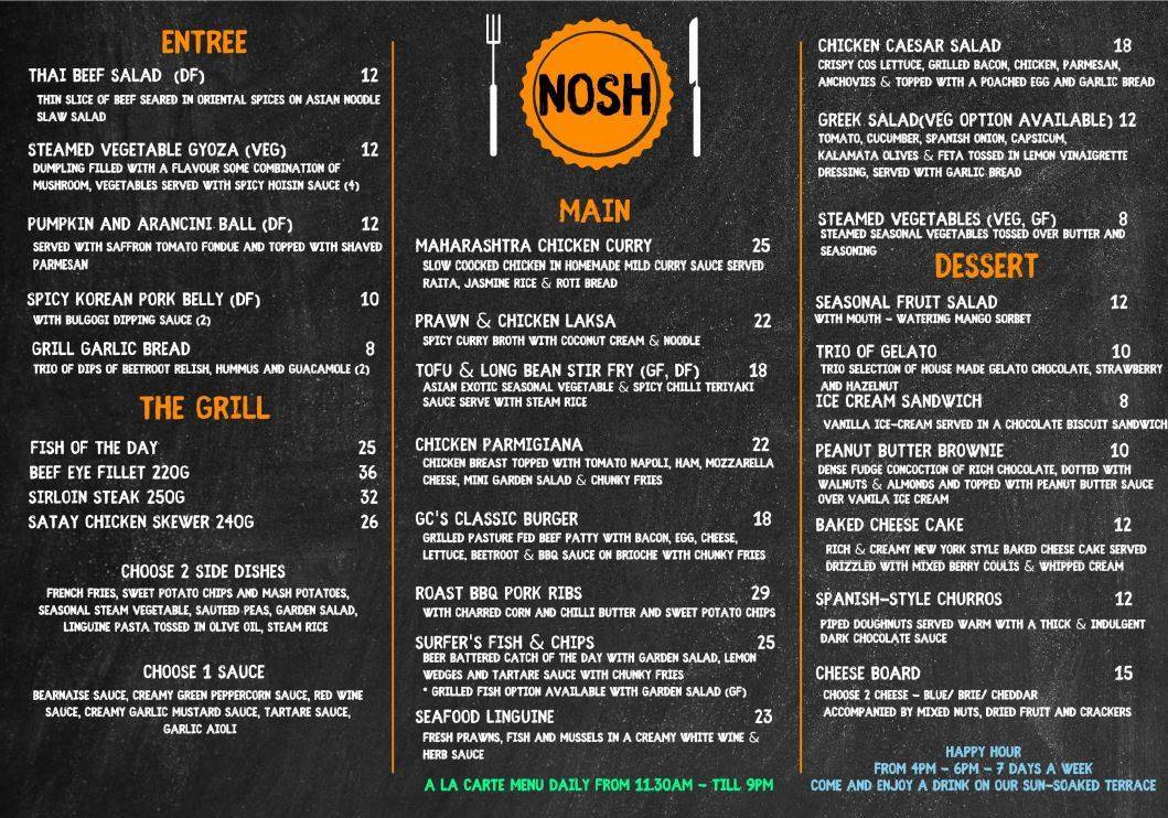 Menu at NOSH Pan Asian restaurant, Surfers Paradise