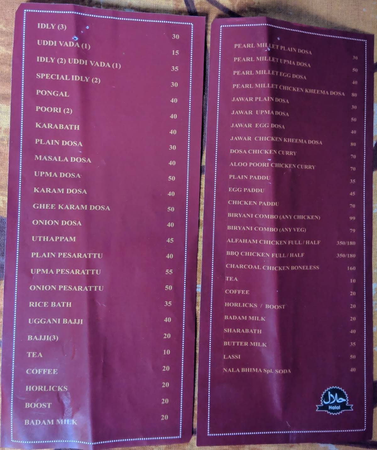 Menu at Nala bhima Restaurant, Bengaluru