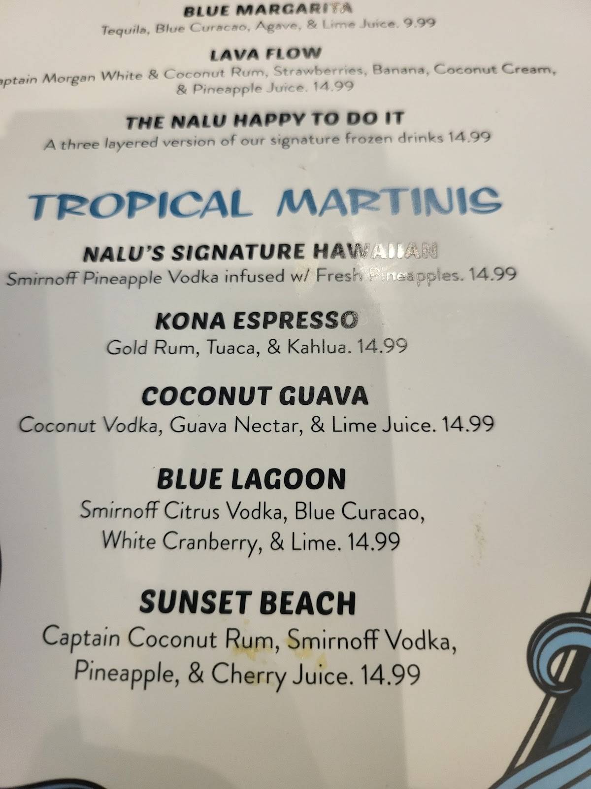 Menu at Nalu restaurant, Rehoboth Beach