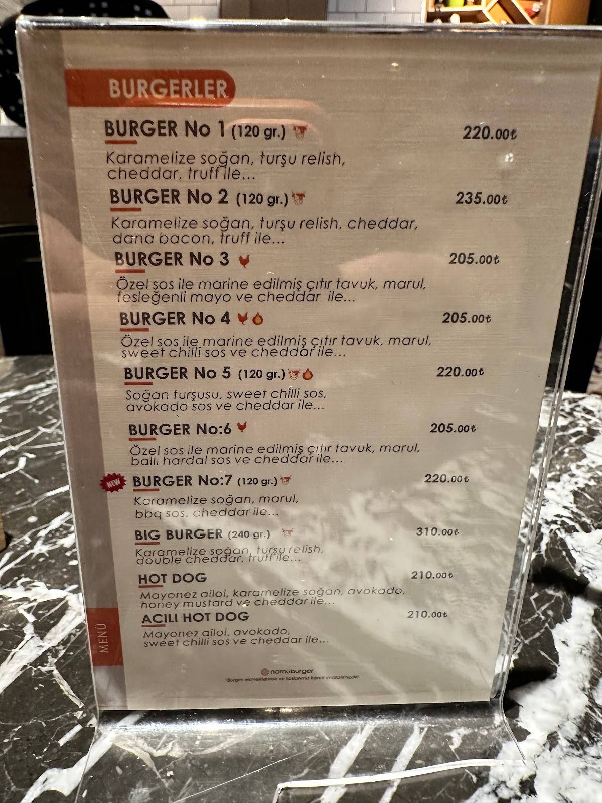 Menu at Namu Burger, Istanbul