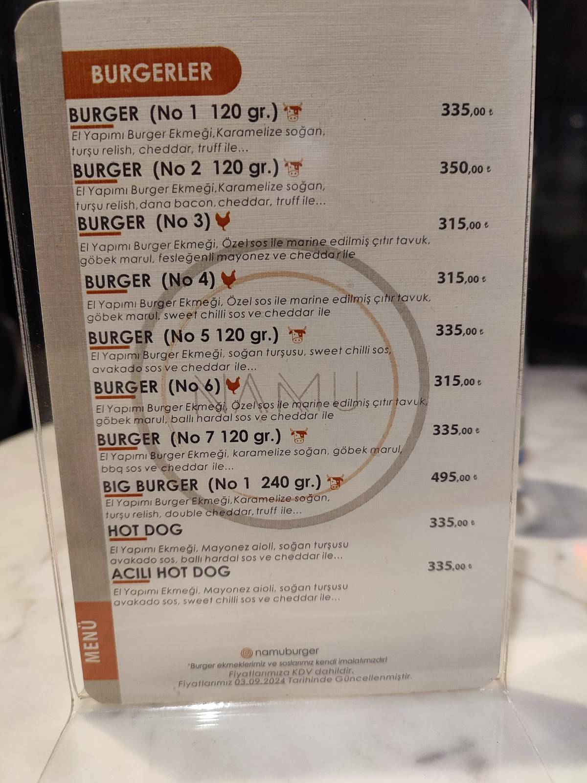 Carta de Namu Burger, Estambul