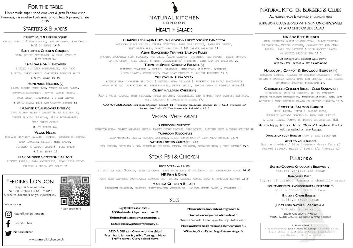 Menu at Natural Kitchen restaurant, London, 15-17 Nevill Ln