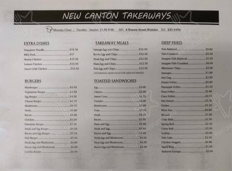 Menu at New Canton Takeaway restaurant, Waiuku