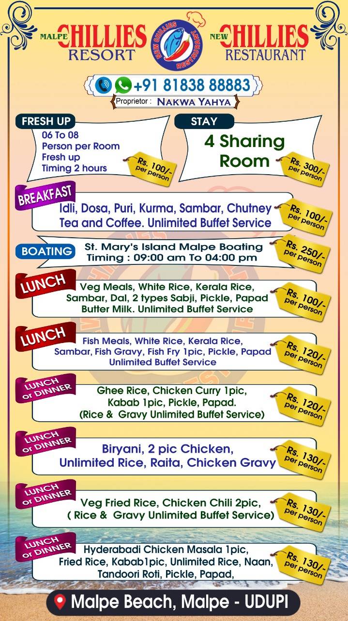 Menu at New Chillies Restaurant, Malpe, 9P62+VPW