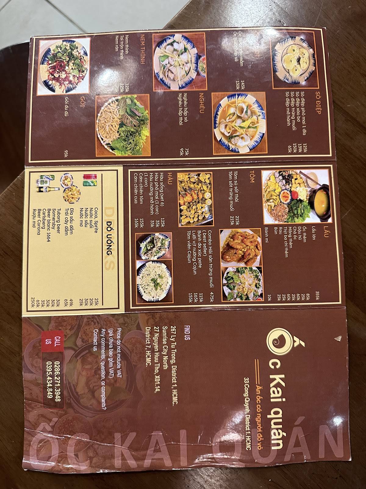 Menu at ỐC KAI QUÁN restaurant, Ho Chi Minh City