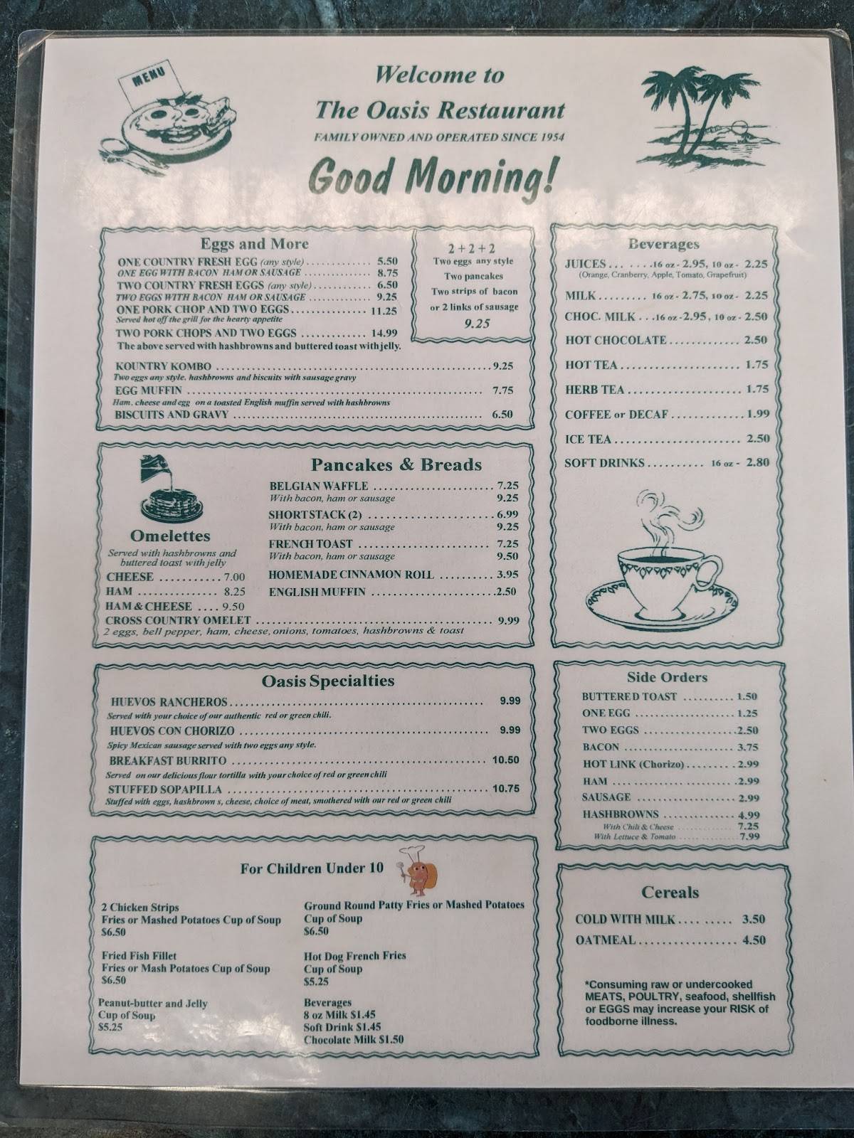 Menu at Oasis Restaurant and Motel, Raton
