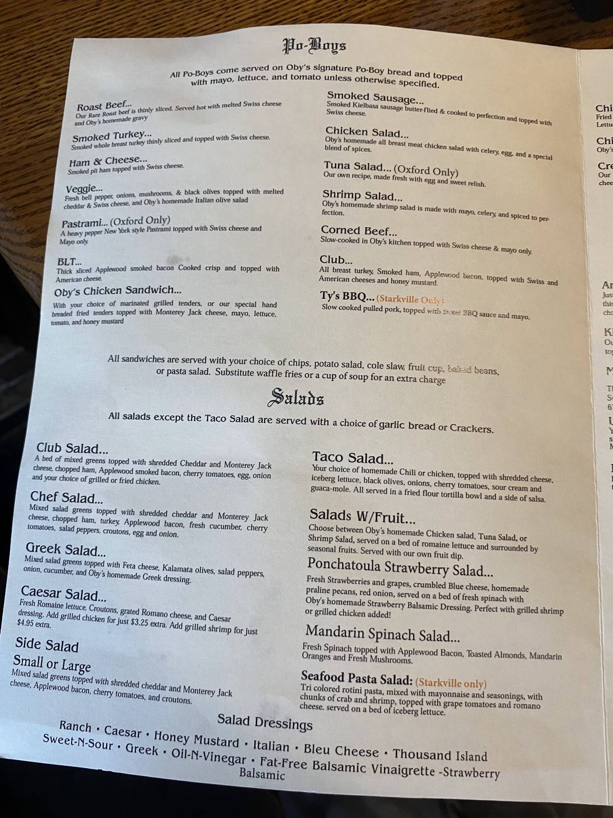 Menu at Oby's of Oxford restaurant, Oxford