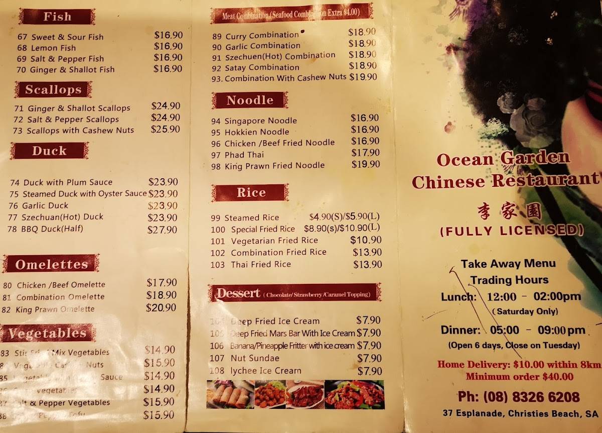 Menu at Ocean Garden restaurant, Christies Beach