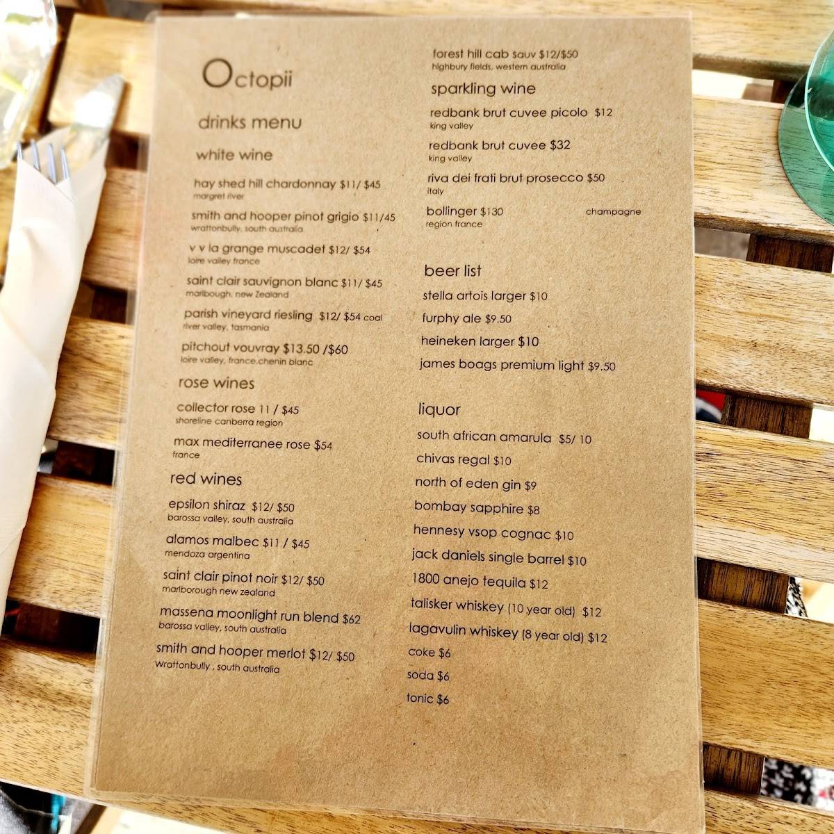 Menu at Octopii Restaurant, Bermagui