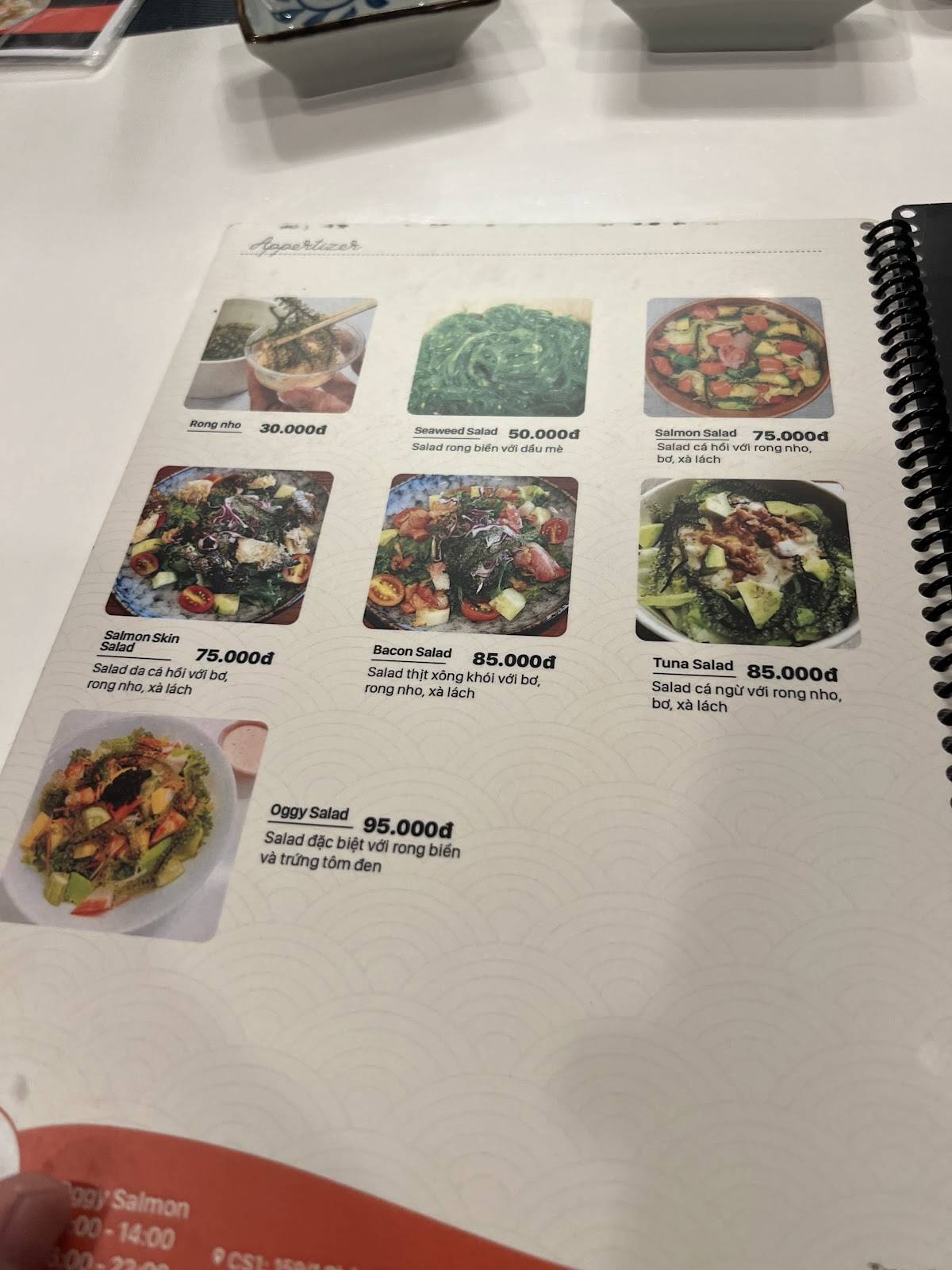Menu at Oggy Salmon restaurant, Da Nang, phía sau lưng Pharmacy