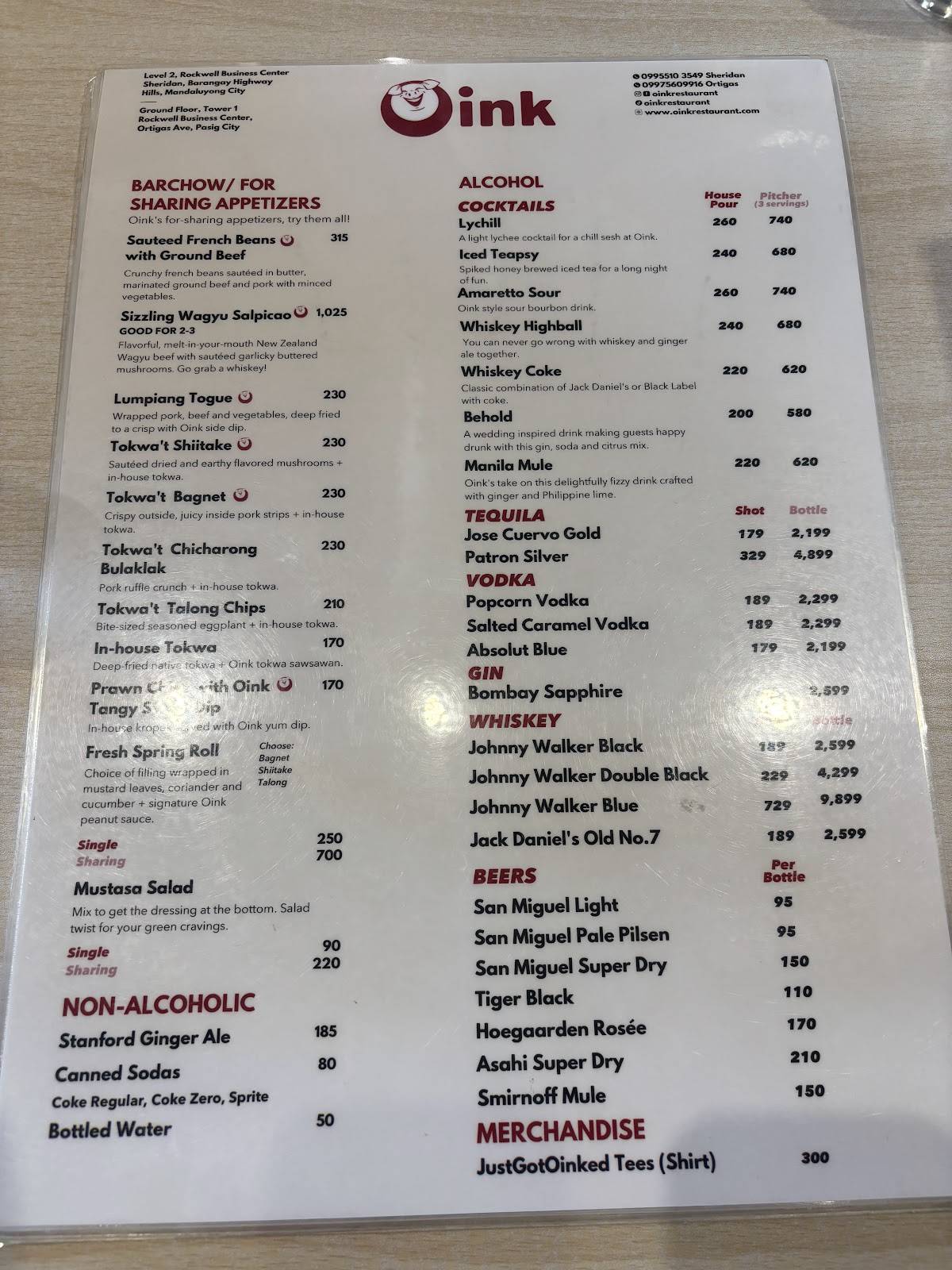 Menu at Oink at Rockwell Sheridan restaurant, Mandaluyong
