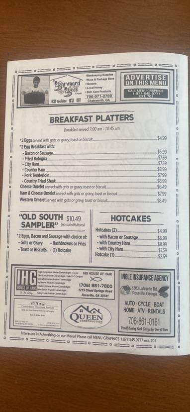 Menu at Old South Restaurant, Rossville