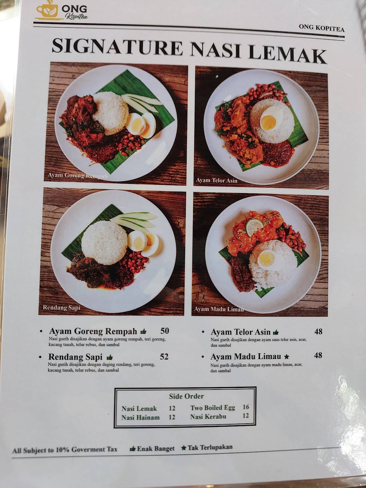 Menu at Ong Kopi Tea restaurant, Samarinda