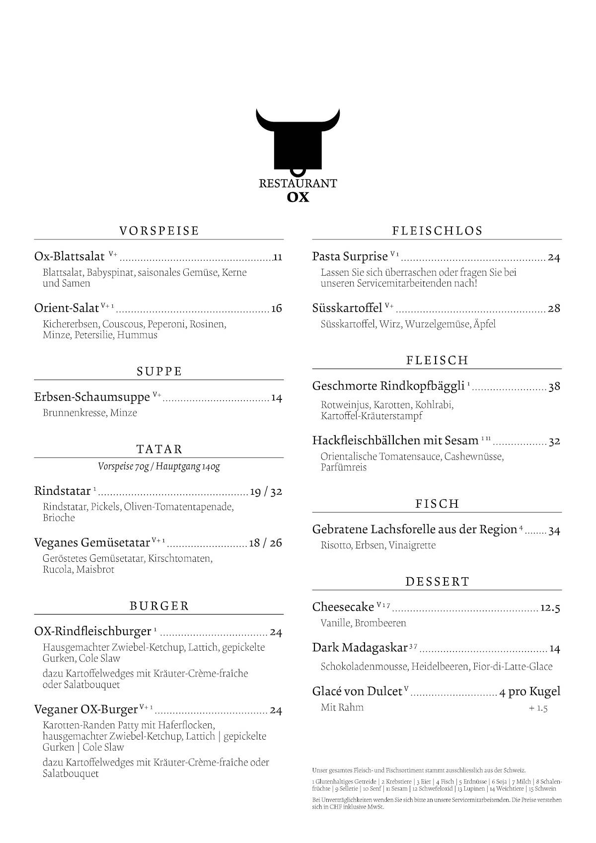 Speisekarte von Restaurant Ox, Aarau