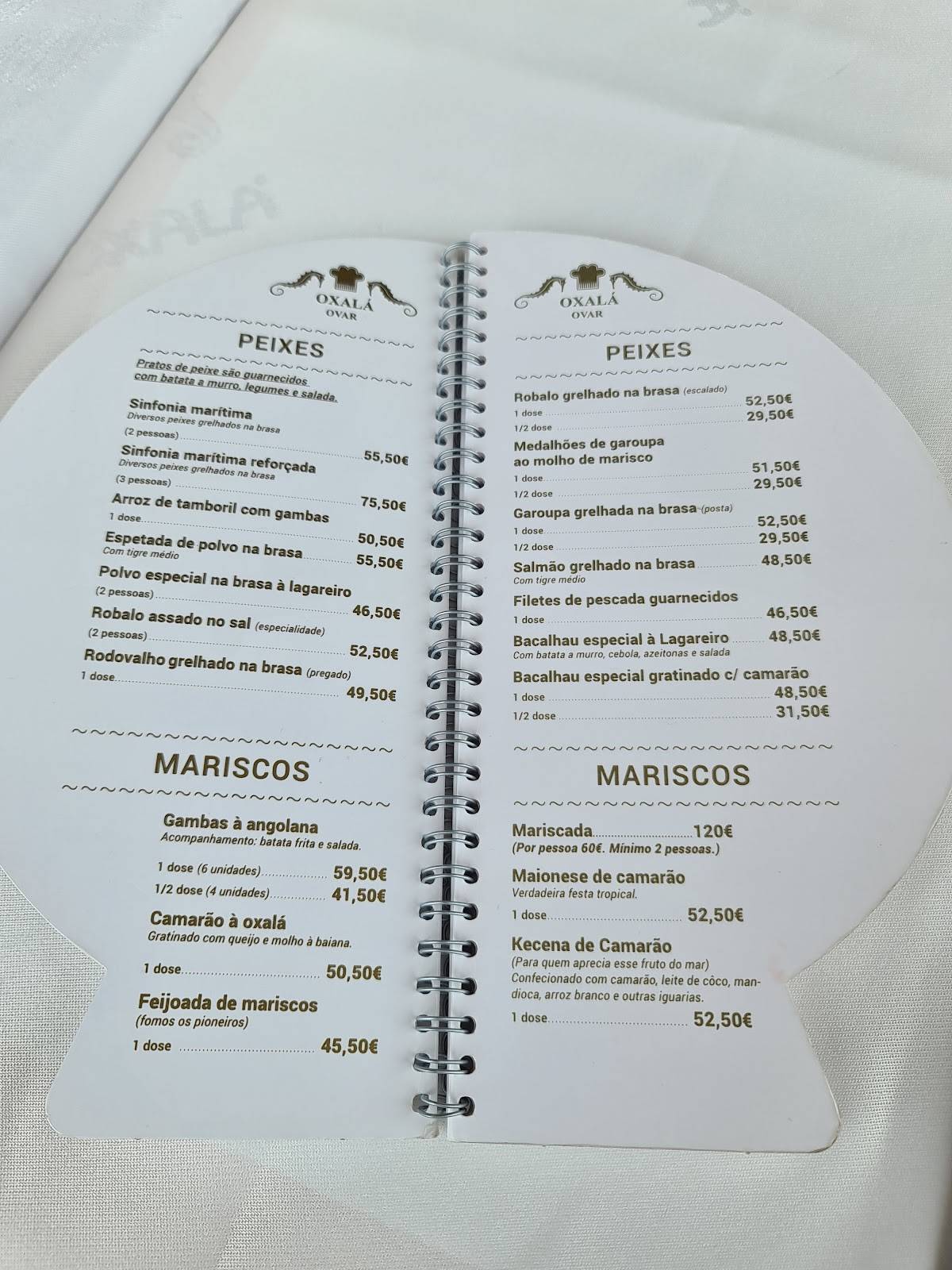 Menu em Oxala restaurante, Ovar